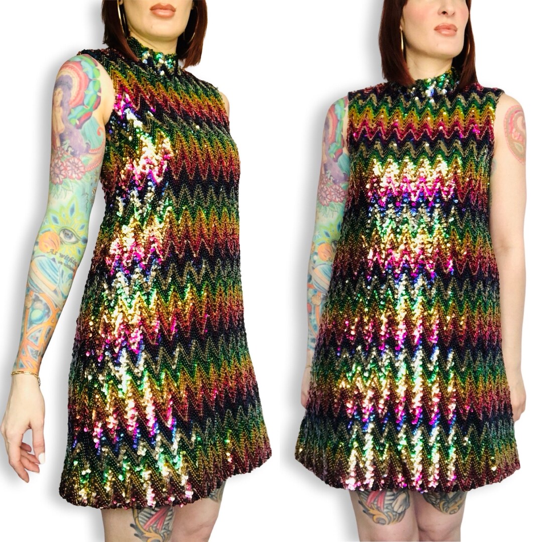 RARE Vintage 1960's Rainbow Sequin Striped Zig Zag Mod Sheath Dress ...