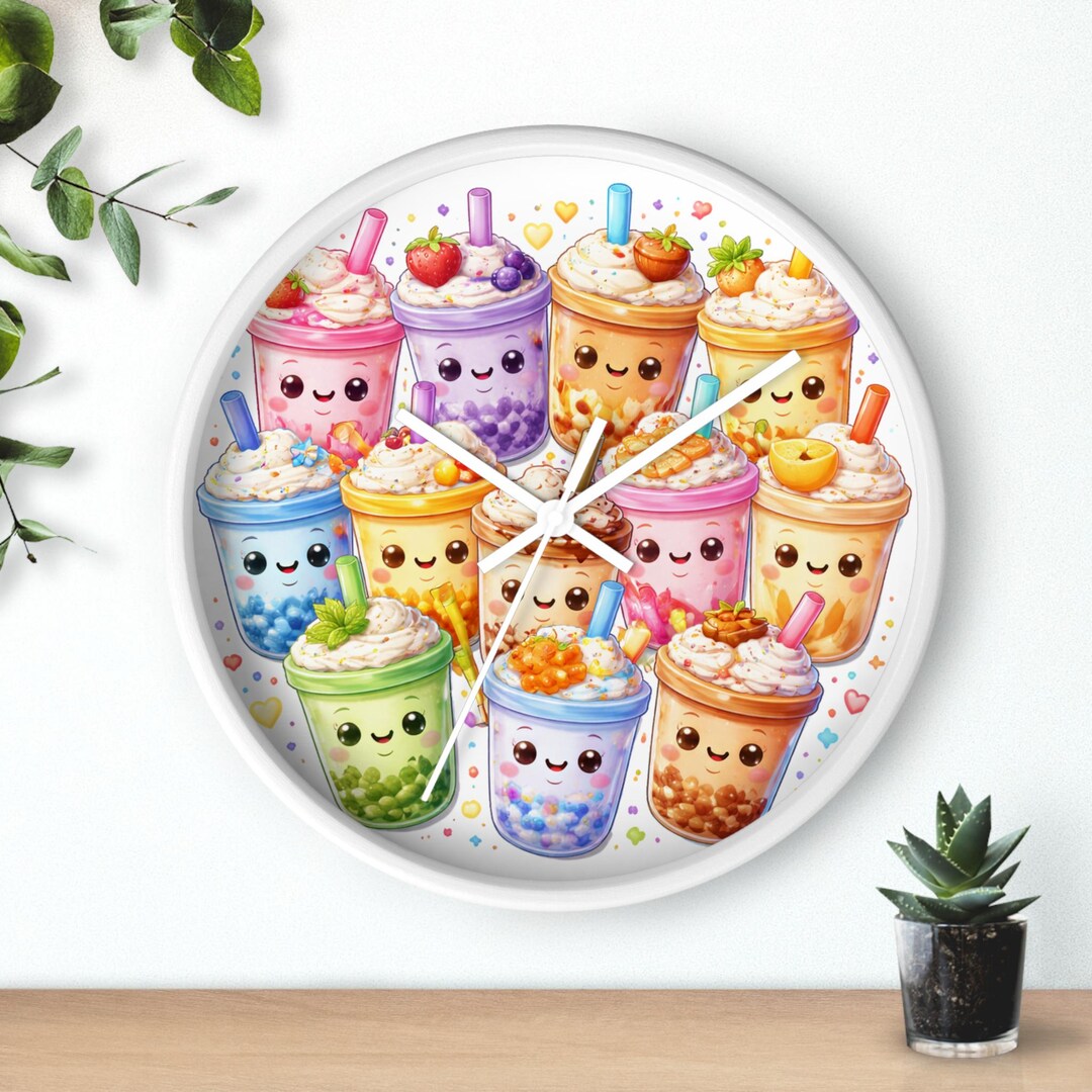 Kawaii Bubble Tea Pattern Wall Clock | Cute Boba Drinks Decor - Etsy