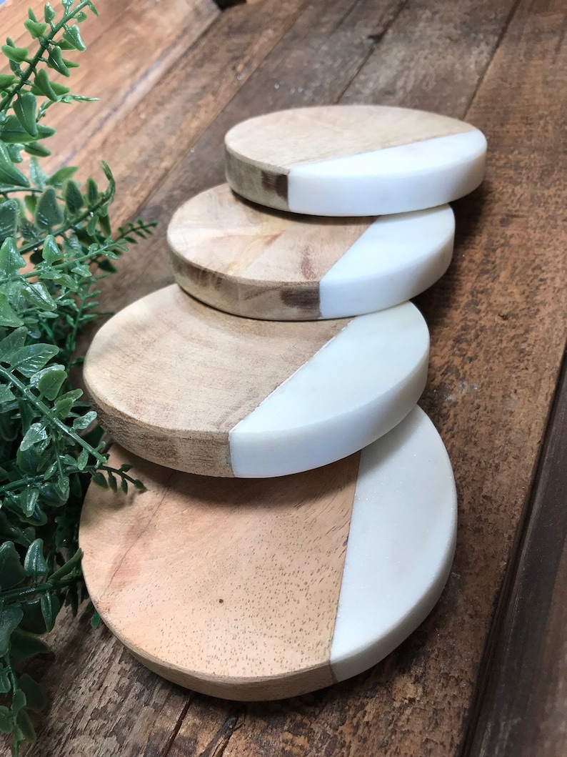 Mango Wood & Marble Coasters Set of 4 / Round / Wedding Gift / Unisex ...