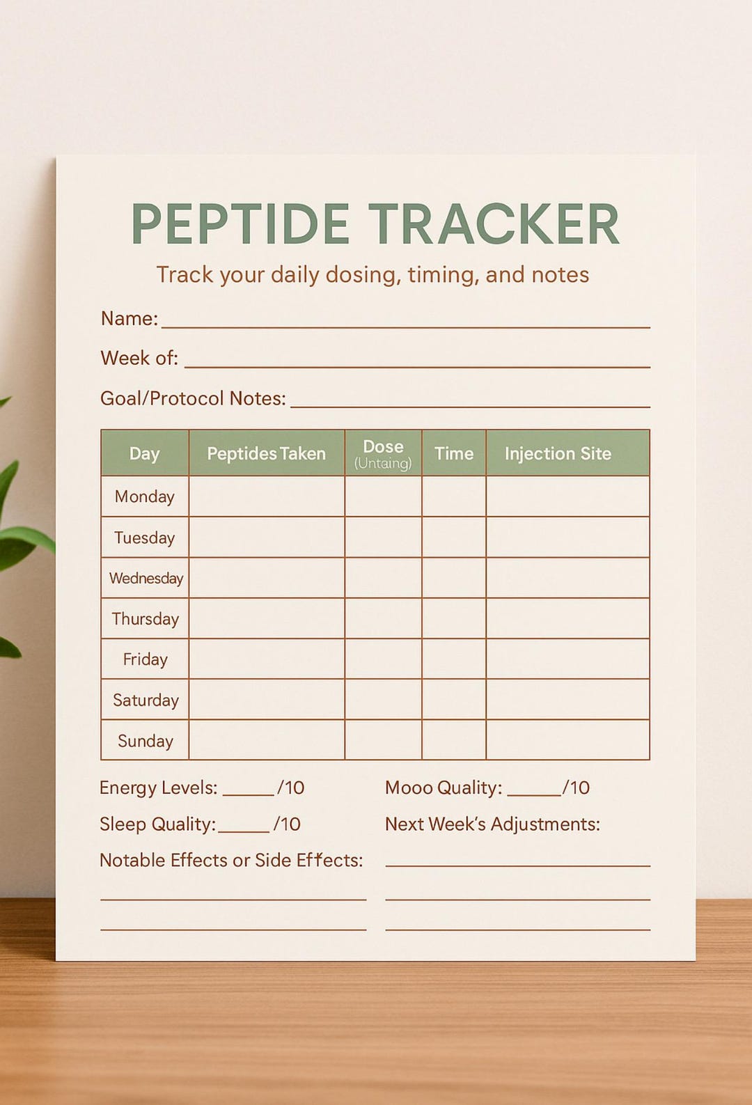 Boho Peptide Tracker Printable | Weekly Peptide Log Sheet | Wellness & Injection Tracker | Sage ...