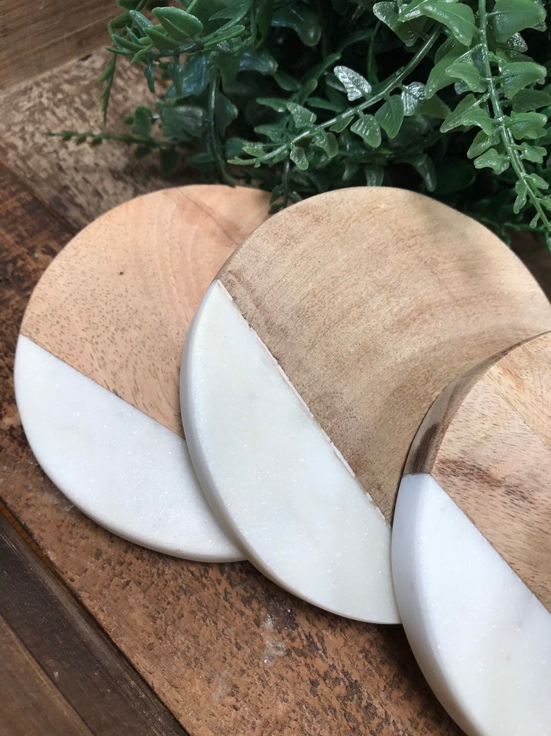 Mango Wood & Marble Coasters Set of 4 / Round / Wedding Gift / Unisex ...