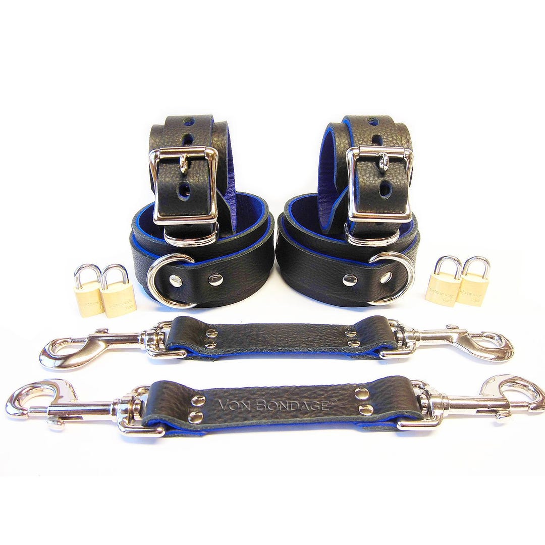 Restraints Kit in Soft Black & Blue Leather | Wrist Ankle Cuffs W/ Pair ...