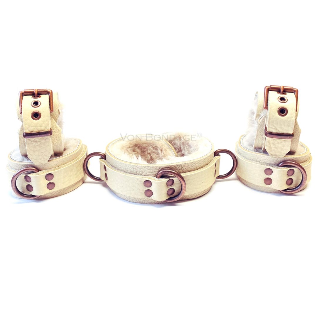 BDSM Restraints Bondage 5 Piece Set Sheepskin Collar Wrist Ankle Cuffs ...