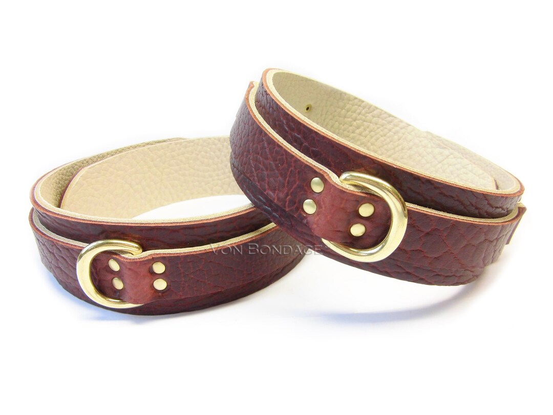 Thigh Restraints Cuffs in Bison Leather & Brass, BDSM Restraints W/gold ...