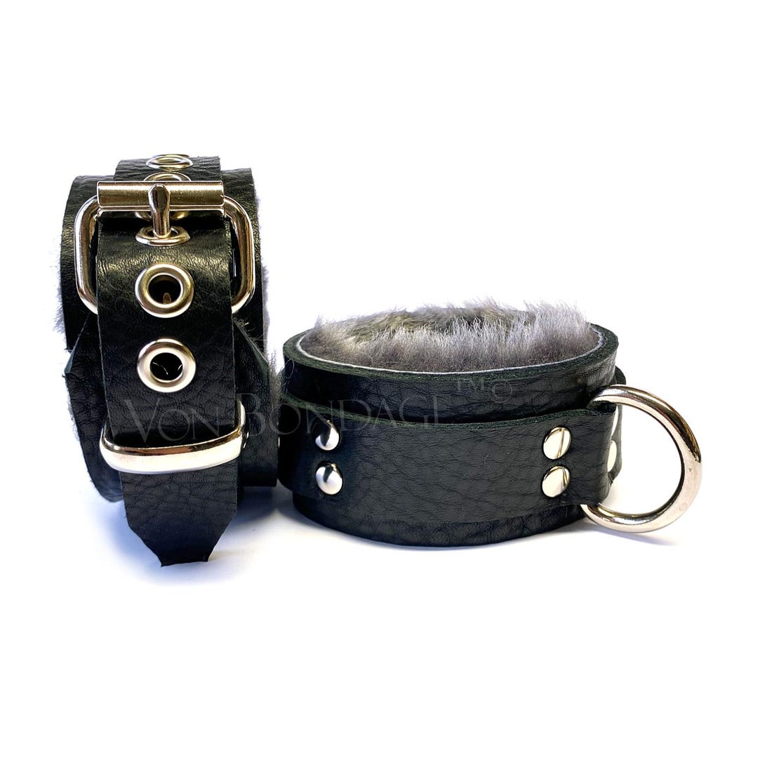 Fur-lined Restraints in Bullhide Leather Gray Sheepskin | Pair Wrist or ...