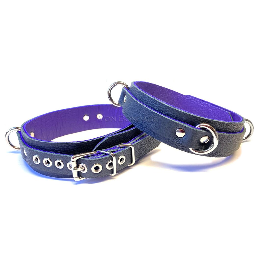Leather Thigh Cuffs W/triple 3 D-rings With Purple Inlay, Lockable BDSM ...