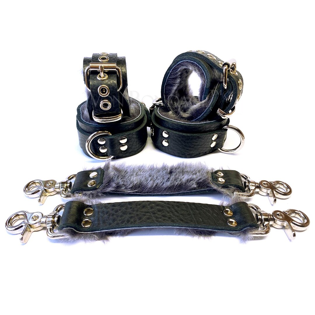 BDSM Restraints Bedroom Set in Gray Fur Lining | Soft Fur-lined Leather ...