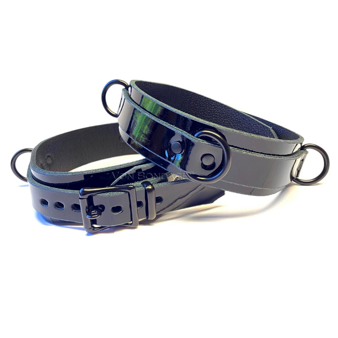 Shiny Black Patent Leather Thigh Cuffs Triple 3 Black Dee Rings ...