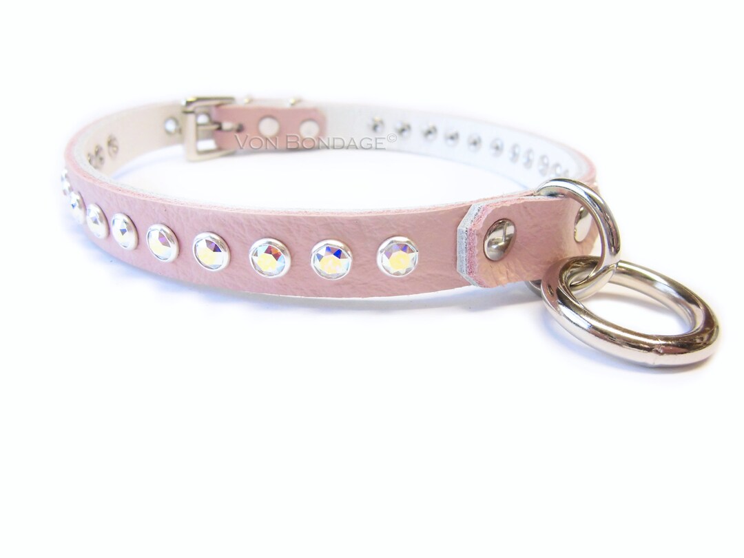 Pink Leather Ddlg Crystal Collar W/ring, Bondage Ring Collar, Daddy's ...