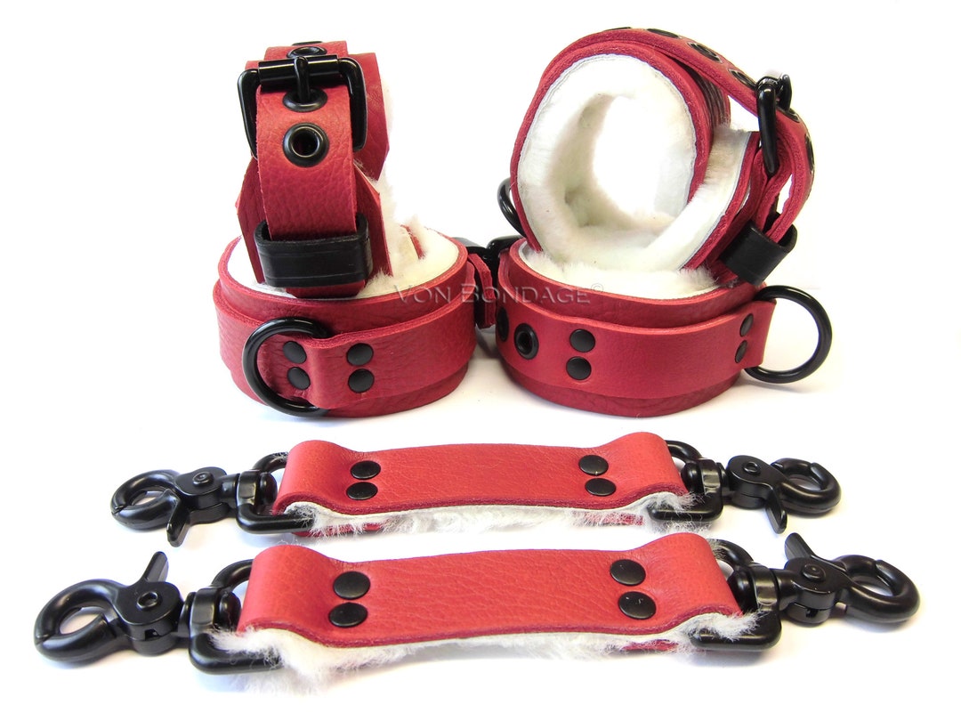 Red Sheepskin Restraints, Fleece Cuffs, BDSM Restraints, Bondage ...