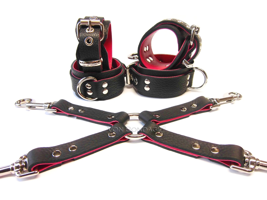 Leather BDSM Cuff Set With Hogtie in Red Lambskin Lining, Wrist Ankle ...
