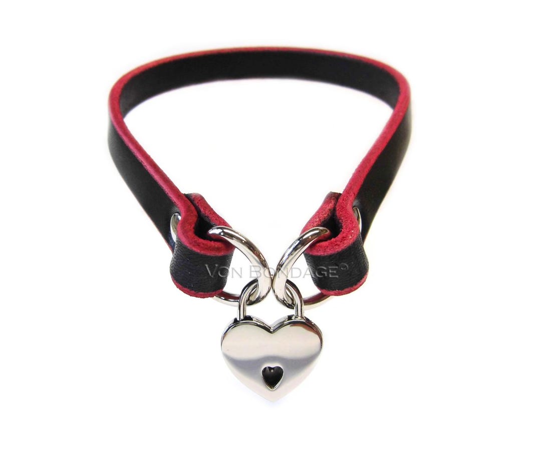 24/7 Permanent Locking Day Collar for Slave Sub Heart Padlock Leather W ...