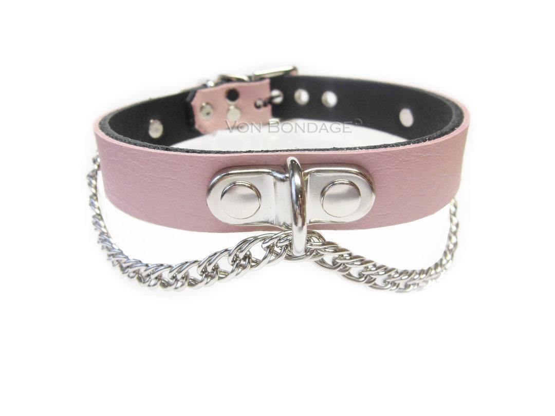 Pink BDSM Collar, Pink Bondage Collar, Pink Leather Collar W/chain ...