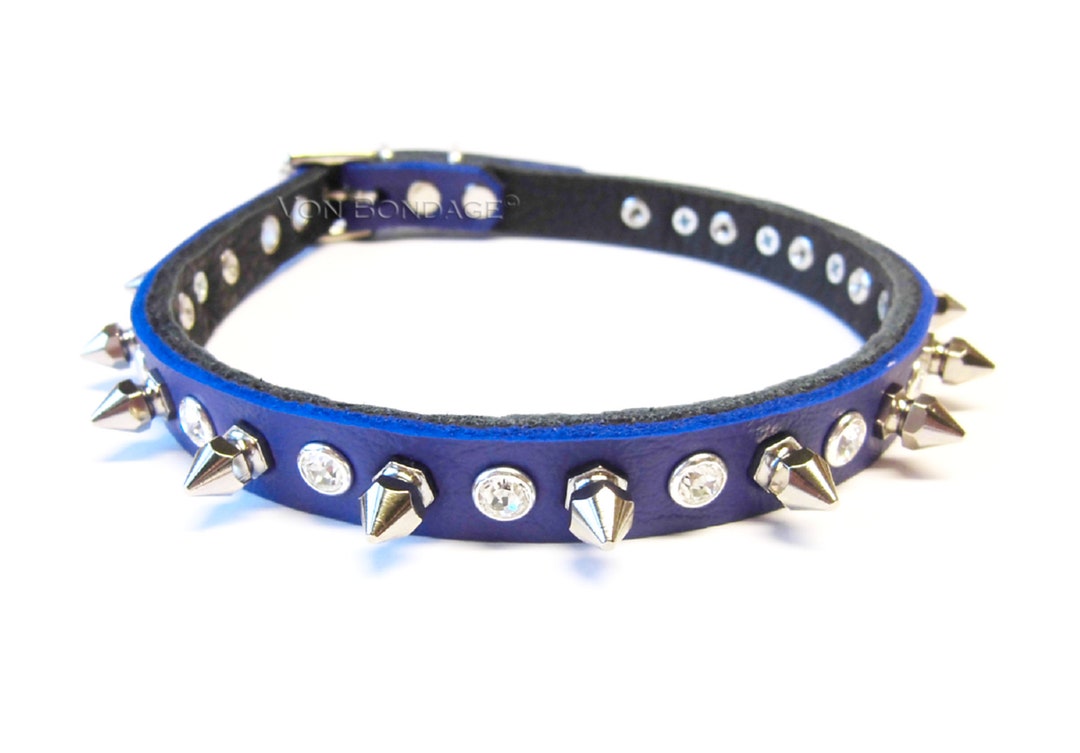 Blue Spike Collar, Leather Collar w/Crystals, Blue Leather choker, Blue ...