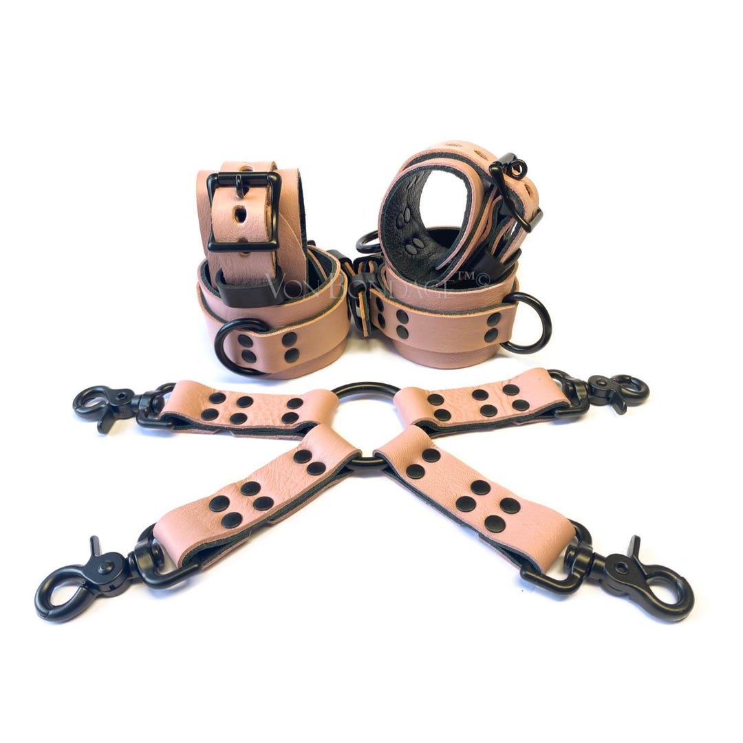 Pink Leather BDSM Restraints Set W/hogtie | Wrist & Ankle Bondage Cuffs ...