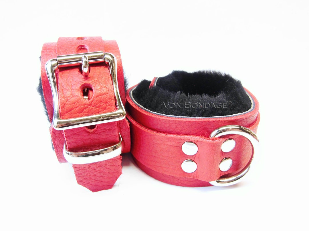 Red & Black Sheepskin Restraints, Wrist Ankle Cuffs Furry Lining Soft ...