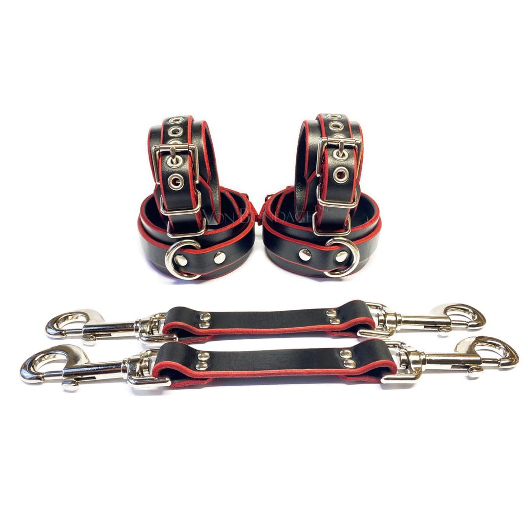 BDSM Restraints Set in Red Edge Leather | Wrist Ankle Bondage Cuffs ...