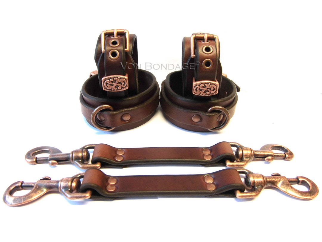Brown Bridle Leather Restraints Set in Copper, BDSM Cuff Set W/hogtie ...