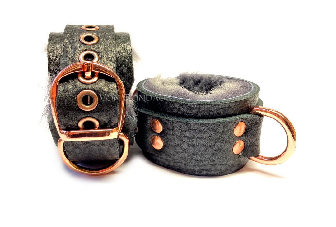 Furry Sheepskin Cuffs With Shiny Copper Dee Rings, Leather Wrist or ...