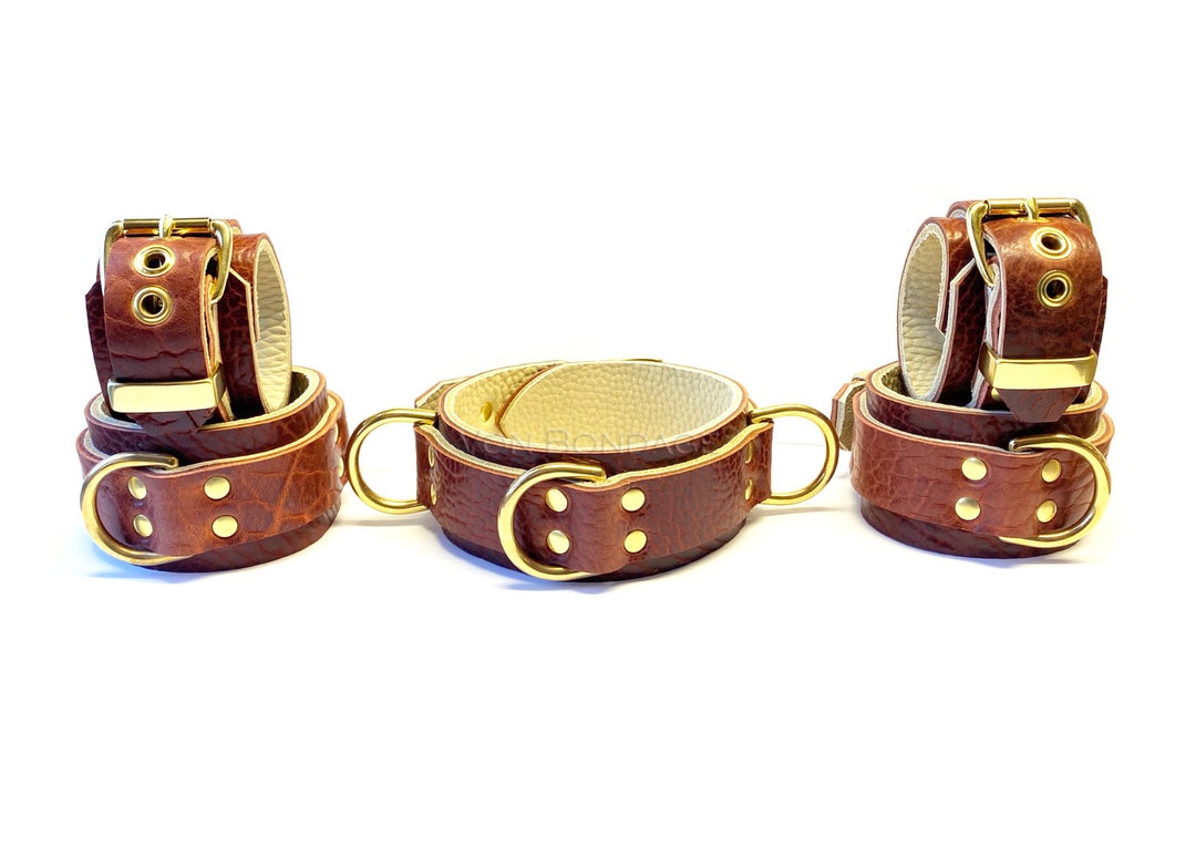 Custom Leather Bondage Restraints & Collar Set in Brass Hand-crafted W ...