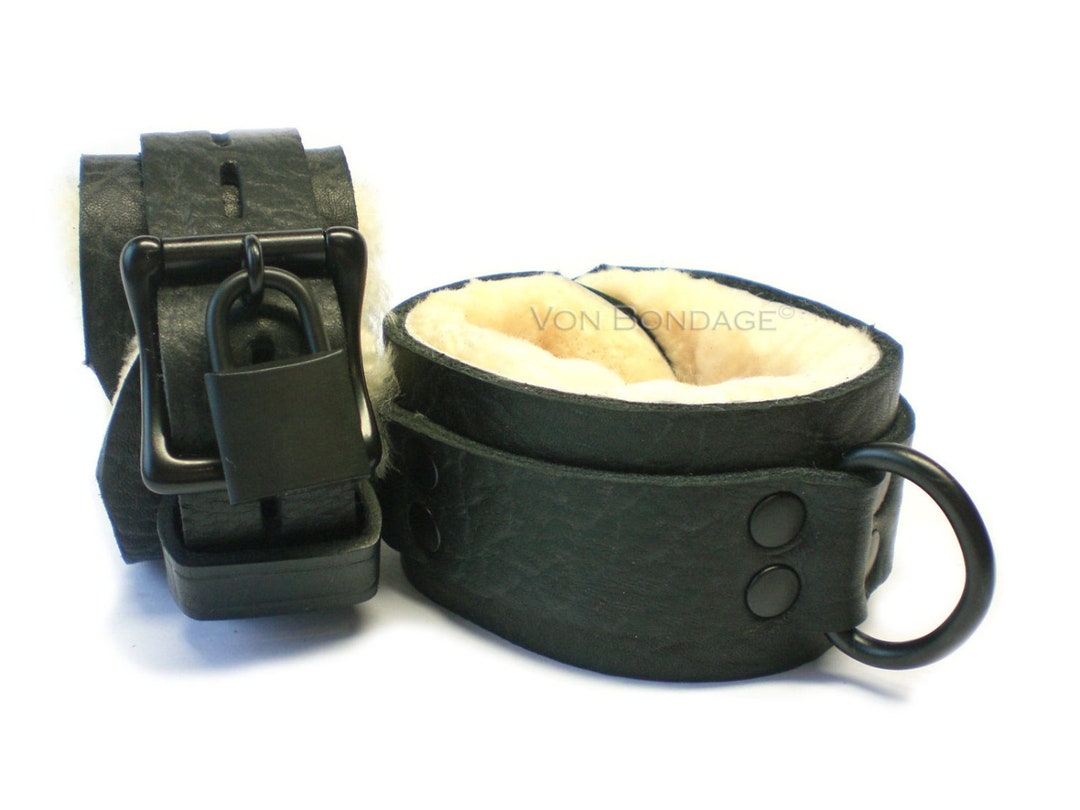 All Black BDSM Restraints Lined in Furry White Sheepskin Fleece ...