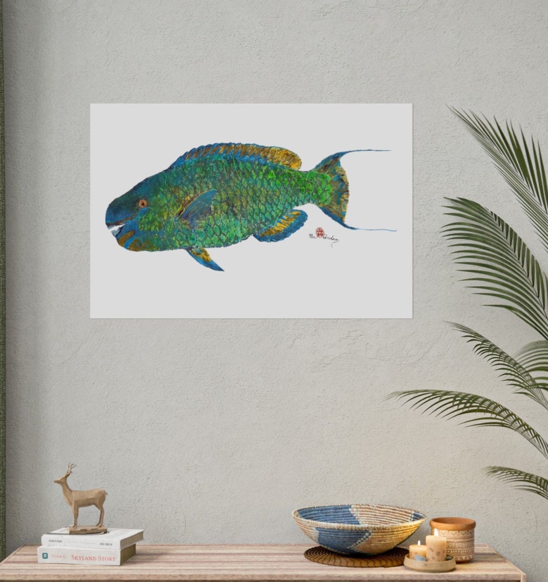 Male Whiptail Uhu redlip Parrot Fish Gyotaku Fish Rubbing Reproduced on ...