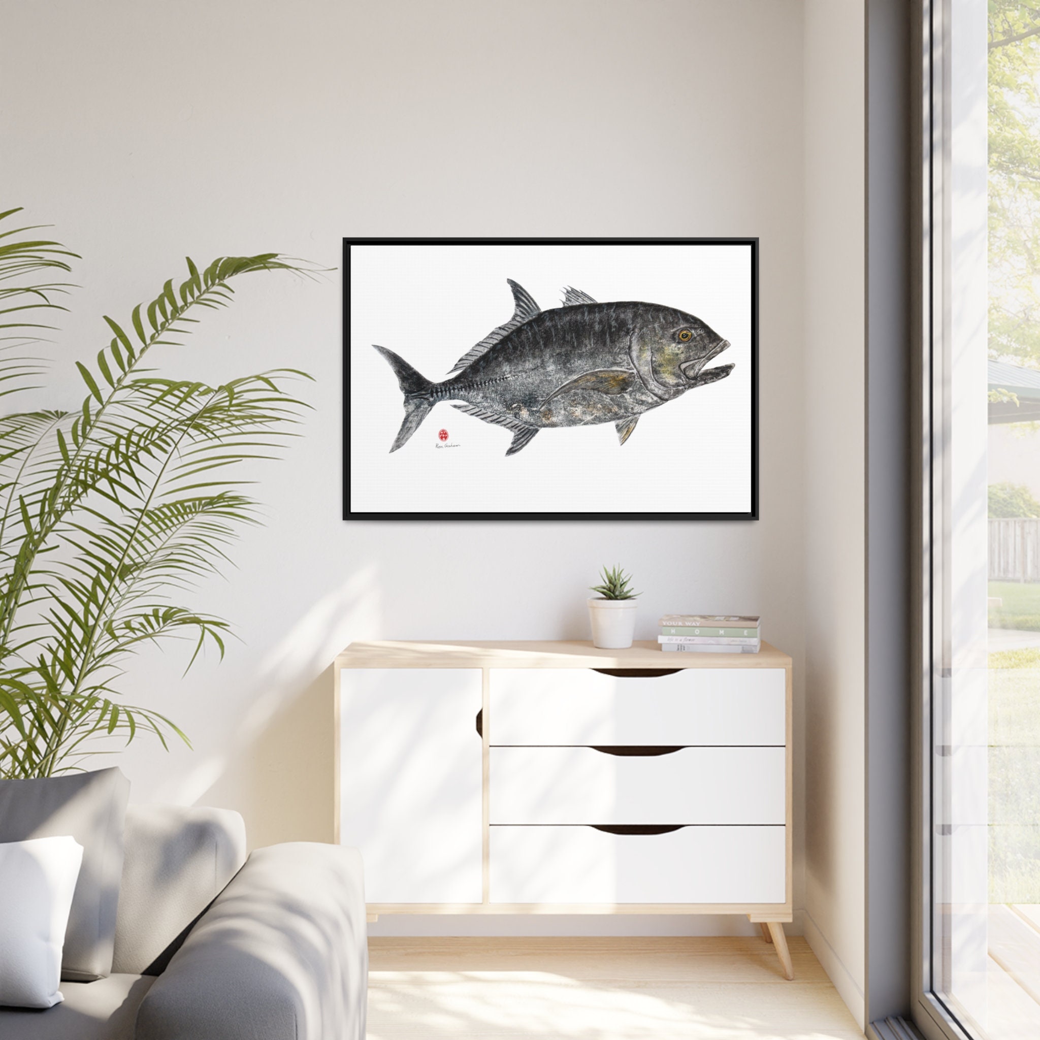 Ulua giant Trevally GT Gyotaku Fish Rubbing Matte Canvas, Black Frame ...