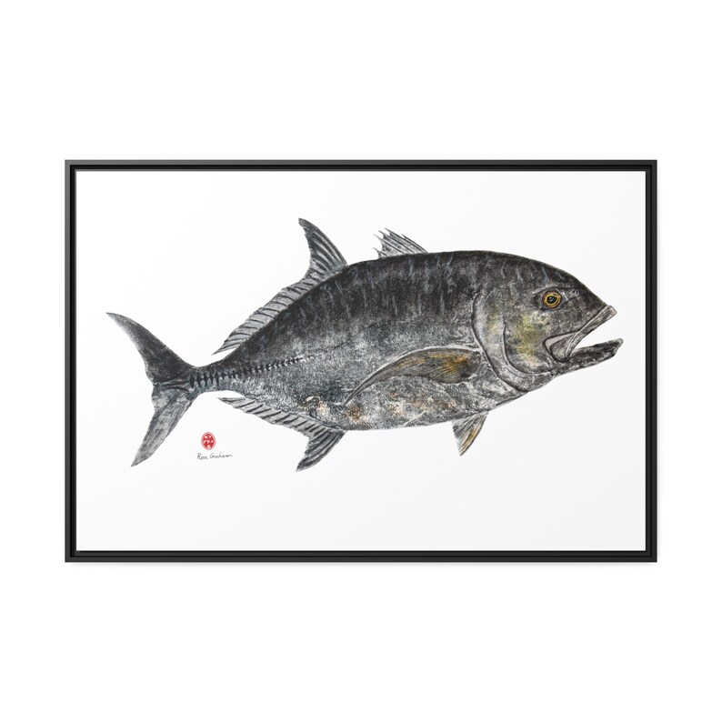 Ulua giant Trevally GT Gyotaku Fish Rubbing Matte Canvas, Black Frame ...