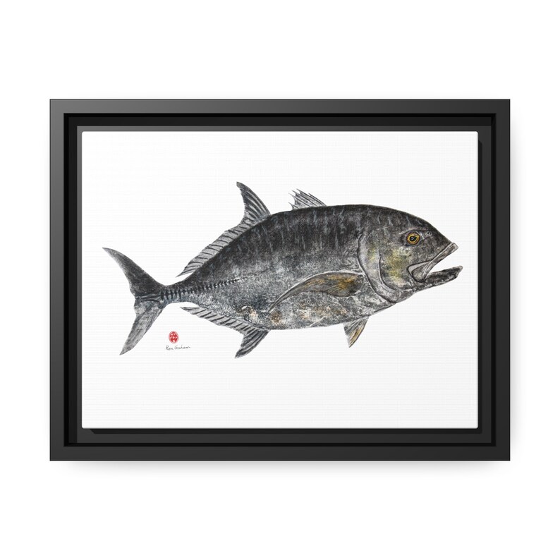 Ulua giant Trevally GT Gyotaku Fish Rubbing Matte Canvas, Black Frame ...