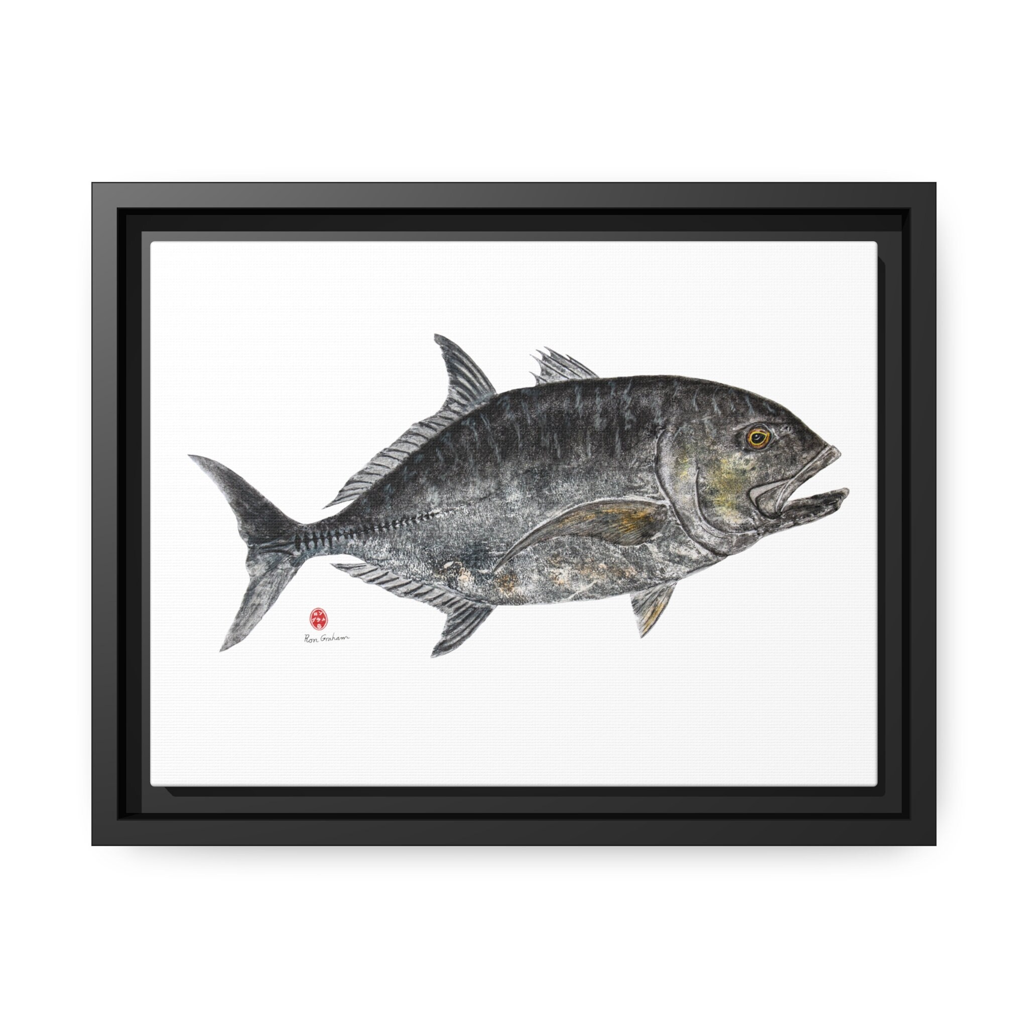 Ulua giant Trevally GT Gyotaku Fish Rubbing Matte Canvas, Black Frame ...