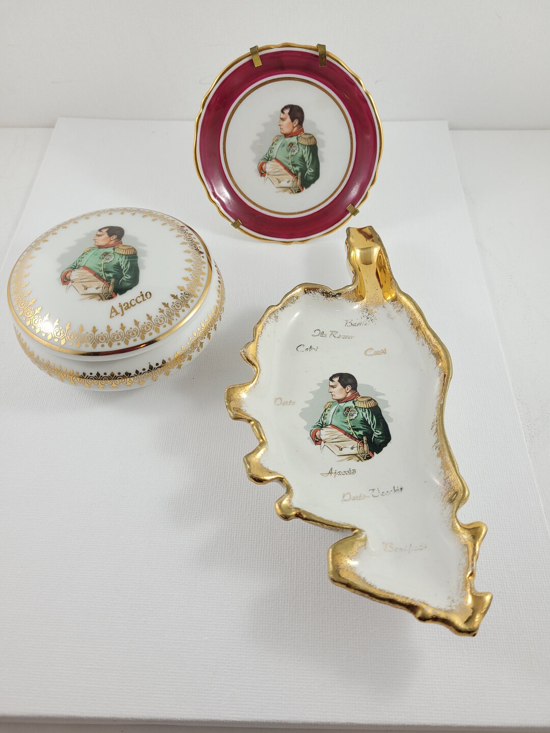 3 French Porcelain Napoleon Theme Ashtray Trinket Box and Mini Plate on ...