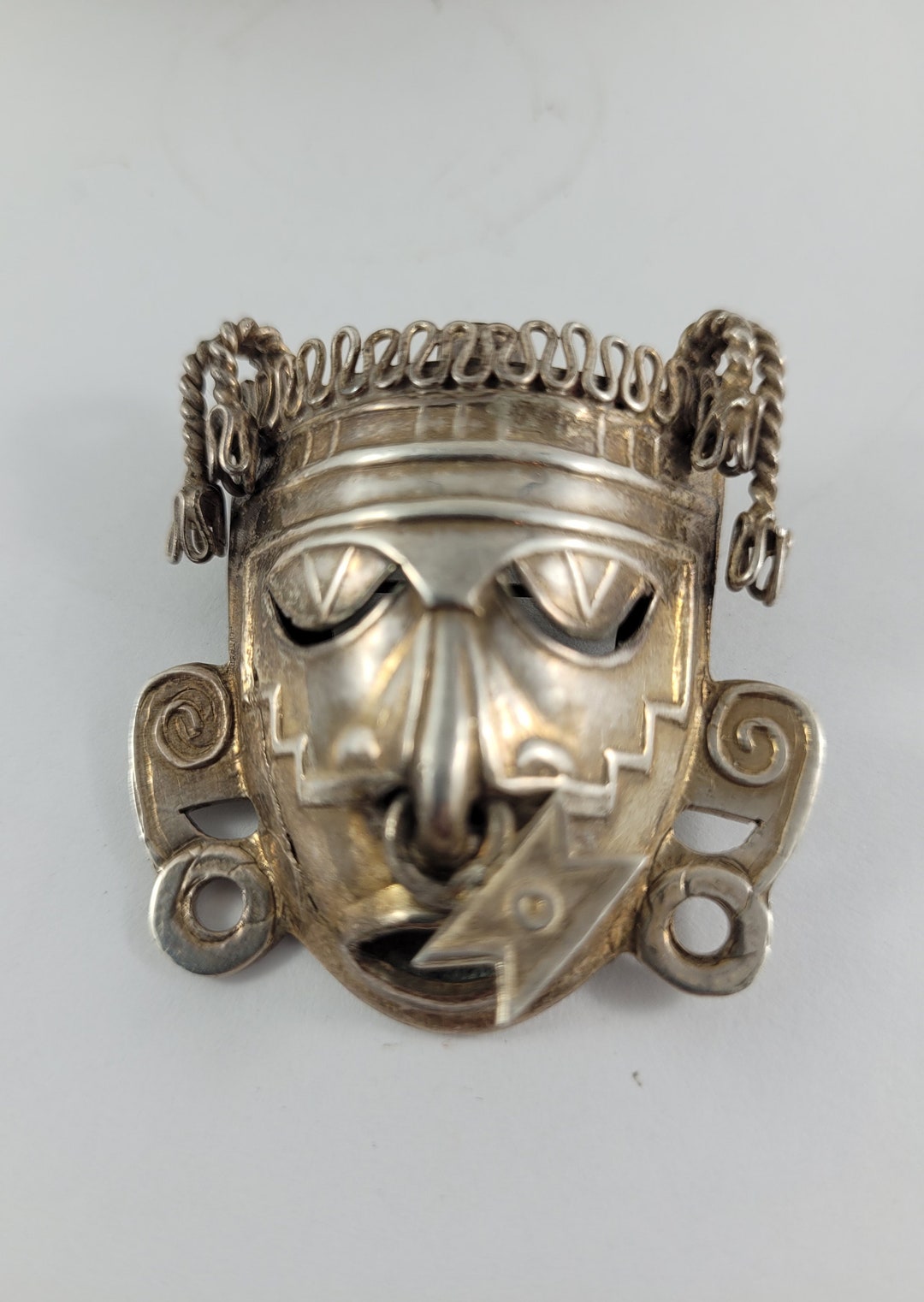 Vintage Large Tribal Aztec Warrior Mask Sterling Silver Pendant and Pin ...