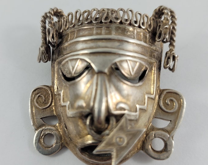 Vintage Large Tribal Aztec Warrior Mask Sterling Silver Pendant and Pin ...