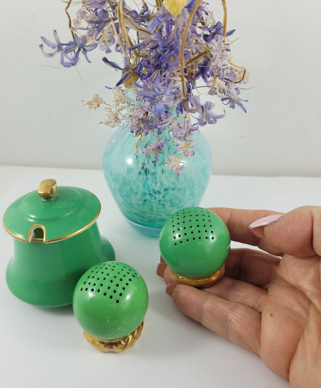 Art Deco Royal Worcester Bright Green Salt Pepper and Mustard Jar With ...