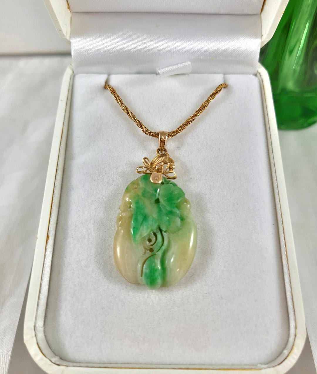 Vintage Green and Mutton Fat Jadeite Carved Fruit and Leaf 18kt Bail ...