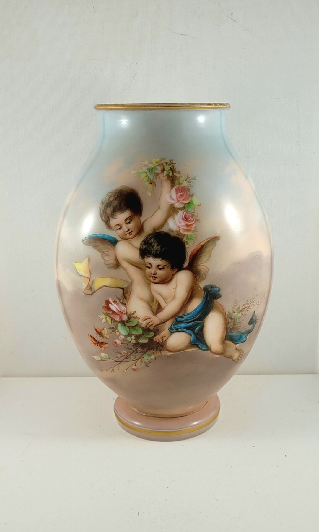 Antique French Opaline Glass Vase Hand Painted Cherubs From the Pairs ...