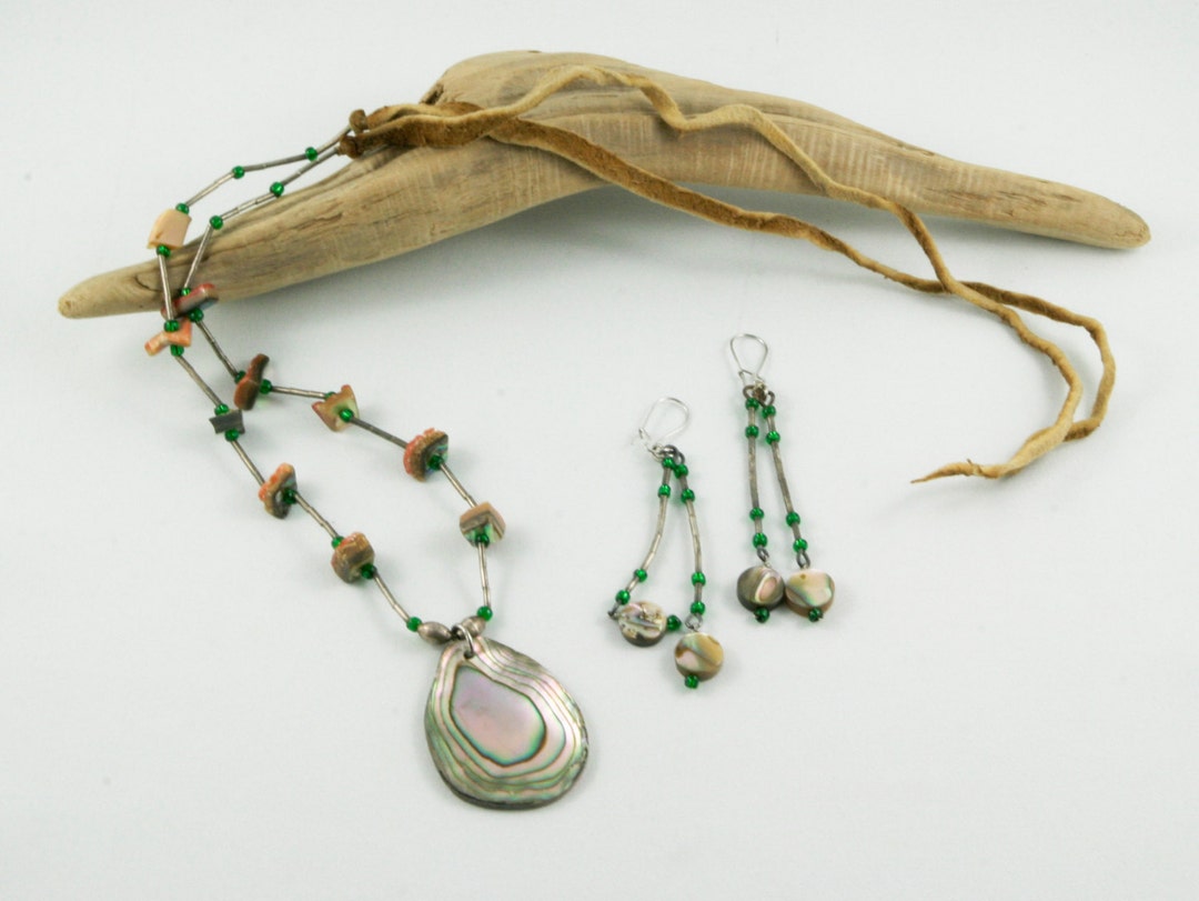 1970's Indigenous Abalone and Deer Hide Necklace and Earring Set Gift ...