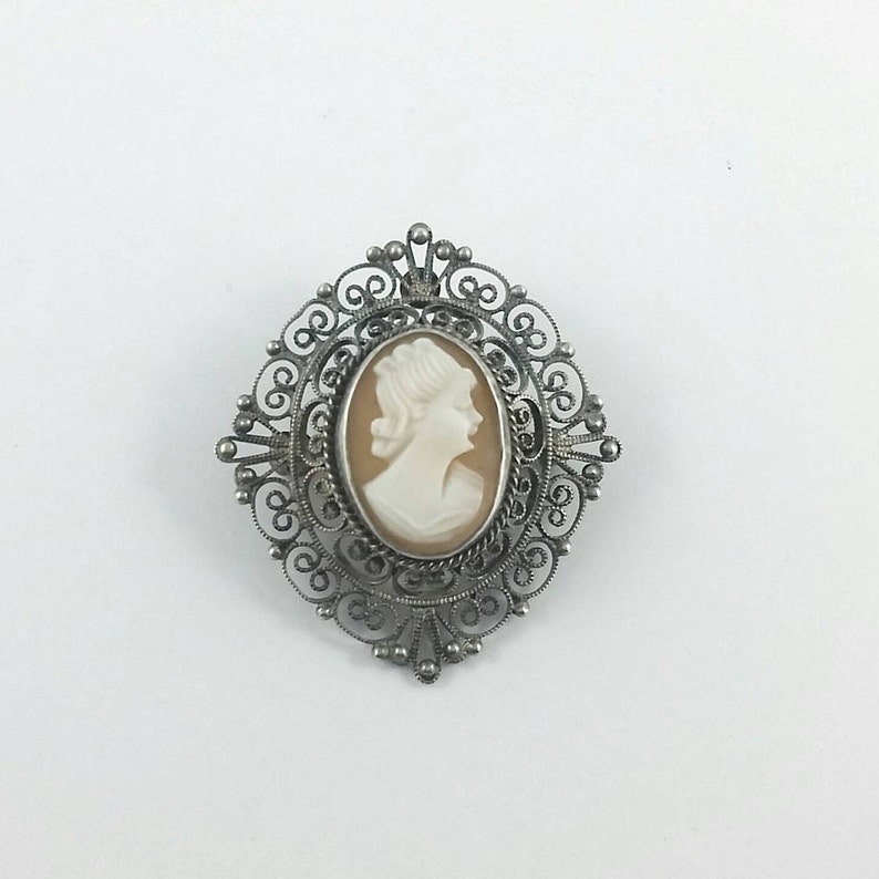 Vintage Silver Cameo 1940's Brooch Italian 800 Silver Filigree Art Deco ...