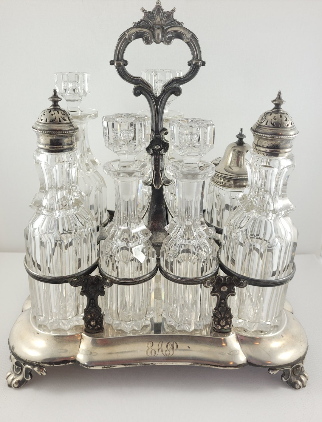 Sterling Cruet Set Antique Sterling Silver and Cut Crystal 7 Pc Cruet ...
