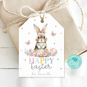 Editable Easter Tag With Cute Bunny and Floral Design, Personalized ...