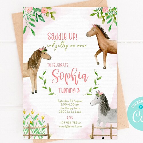 Horse Birthday Invitation Girl Editable Horse Party - Etsy