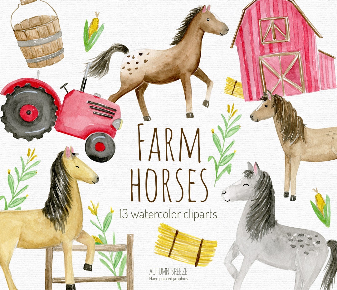 Watercolor Horses Clipart: Farm Animals, Barn, Tractor (PNG Digital ...
