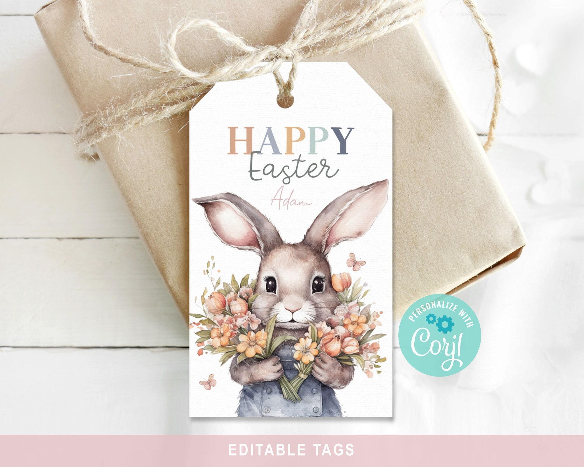 Editable Easter Tags, Cute Watercolor Bunny, Pastel Colors ...