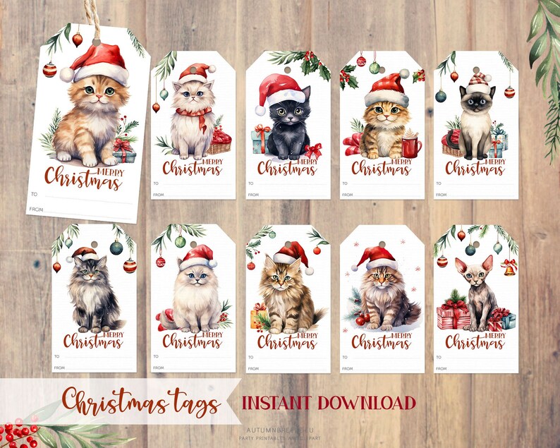 Printable Christmas Tags, Cat Christmas Tags, Holiday Gift Tags ...