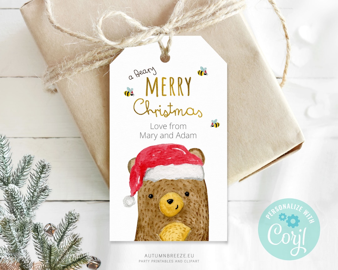 Editable Gift Tag Printable Bear Favor Tag Merry Christmas - Etsy