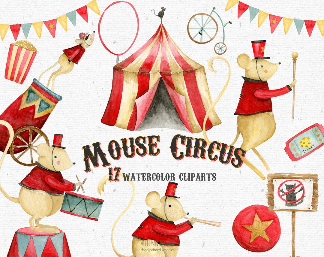 Watercolor Circus Mouse Clipart, Carnival Clipart, Watercolor Clipart ...