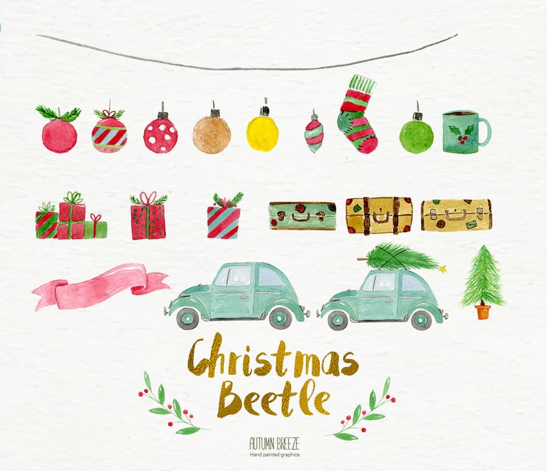 Watercolor Christmas Clipart Winter Clipart Christmas Car - Etsy