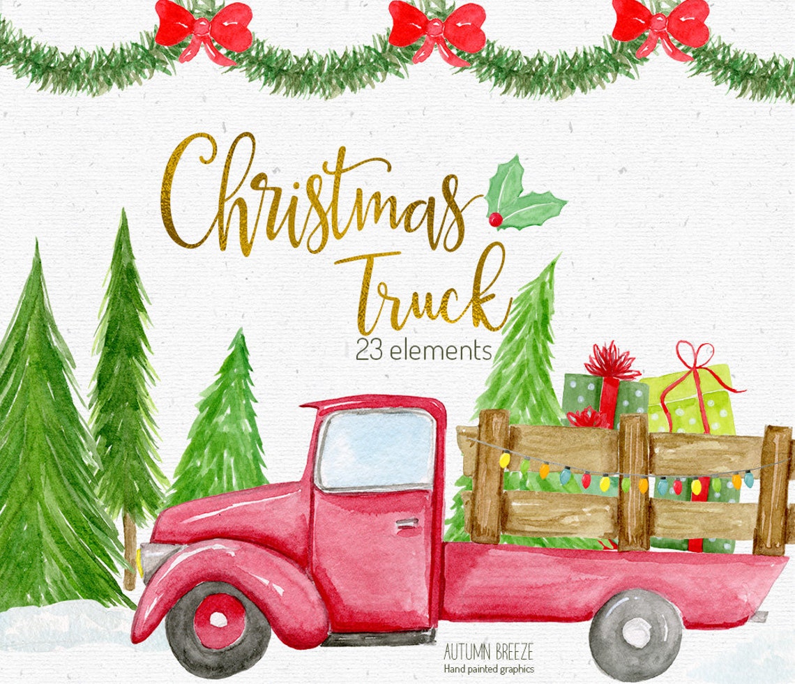 Watercolor Christmas Truck Clipart, Winter Clipart, Christmas Car ...