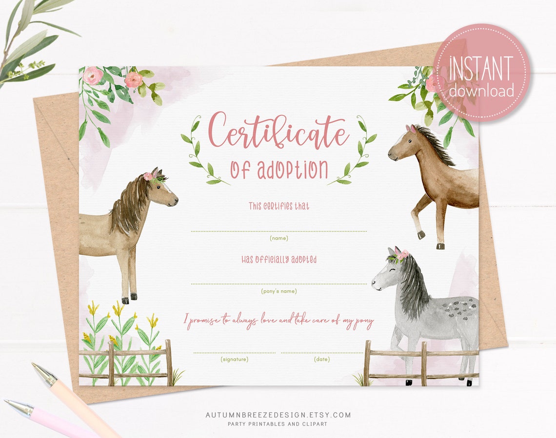 Adoption Certificate, Adopt a Pony, Printable Certificate, Horse ...