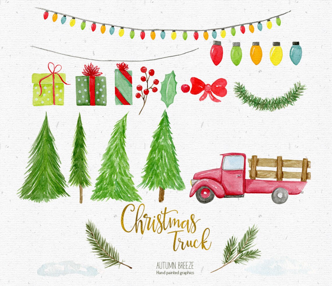Watercolor Christmas Truck Clipart, Winter Clipart, Christmas Car ...
